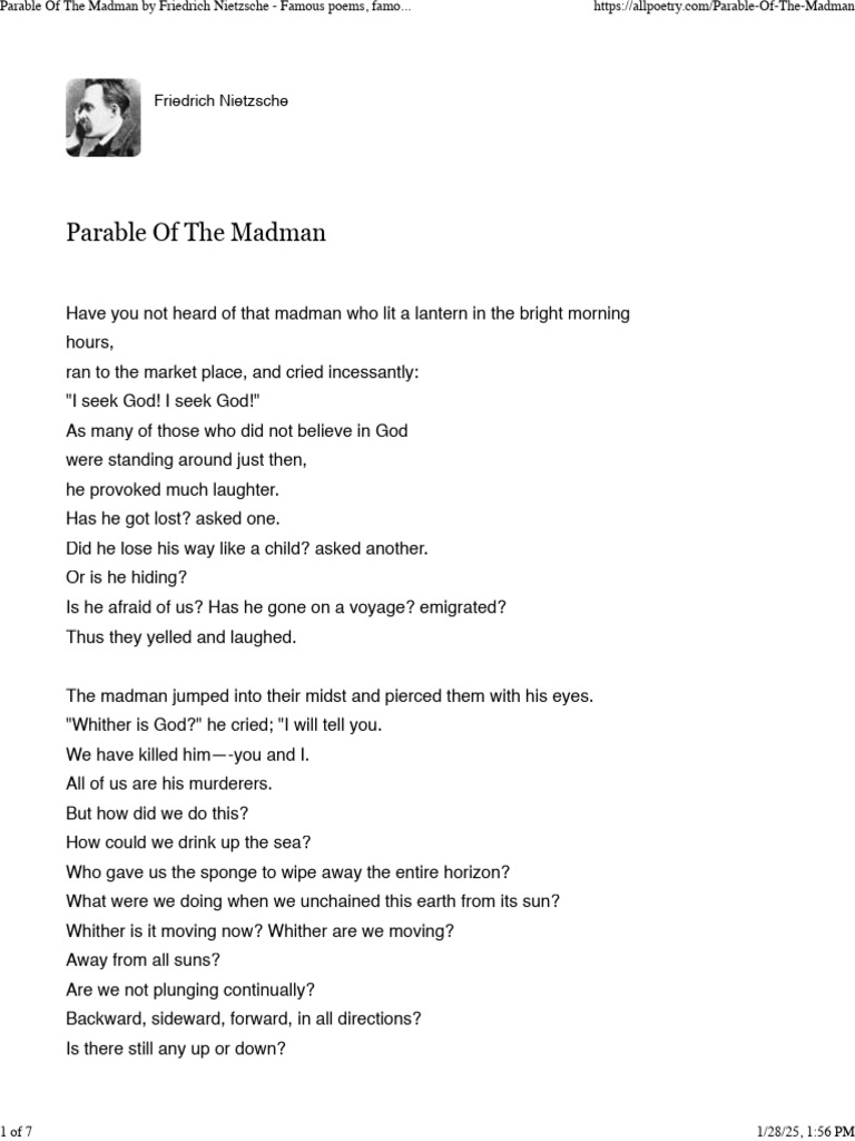 Parable of The Madman by Friedrich Nietzsche - Famous Poems, Famous ...