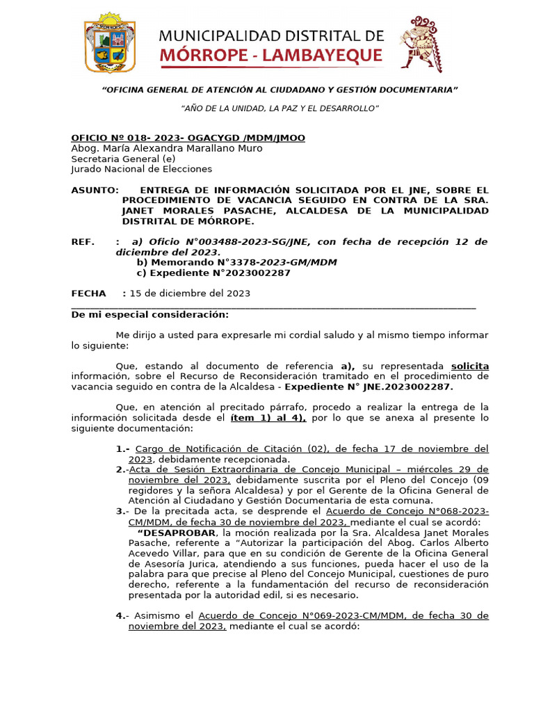 OFICIO N°018 - Caso Alcaldesa - Expediente 2023002287 | PDF | Gobierno