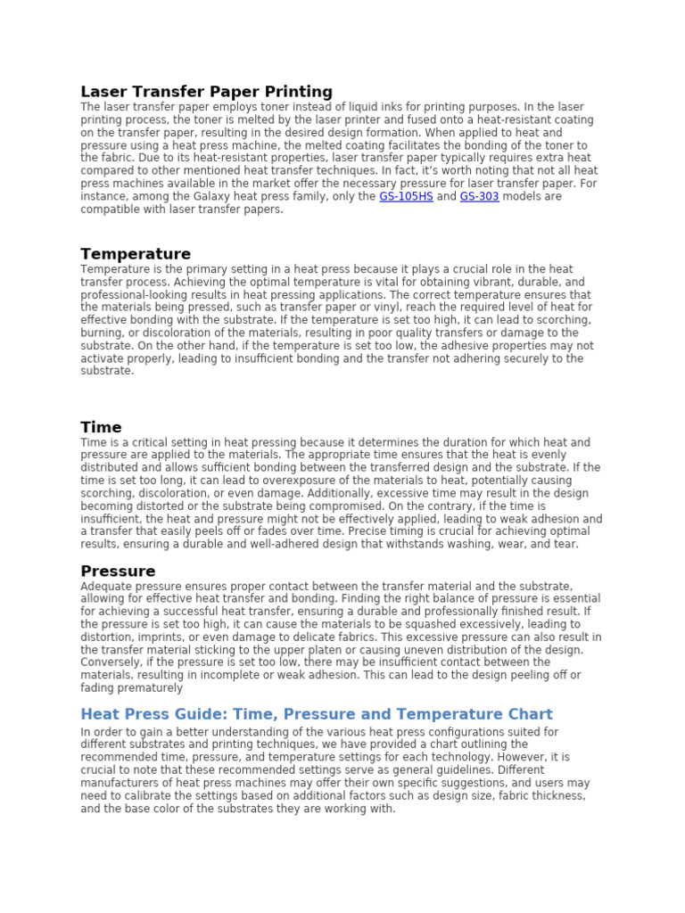 Heat Press Setting For Printing & Pressing | PDF | Industrial Processes | Materials