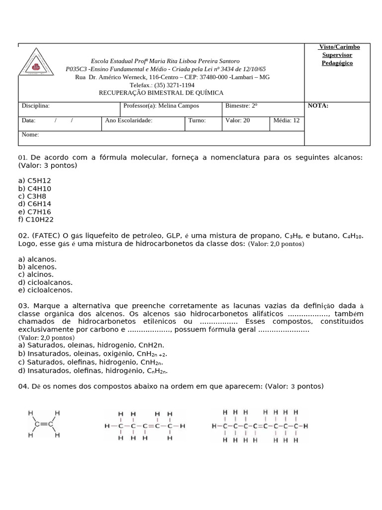 Aval - Quim - 3 Ano - 2 Bim - Alcano - Alceno | PDF | Alcano | Química