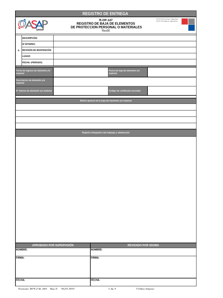 R-OP-147 Registro Baja de Elementos o Materiales Rev00 | PDF