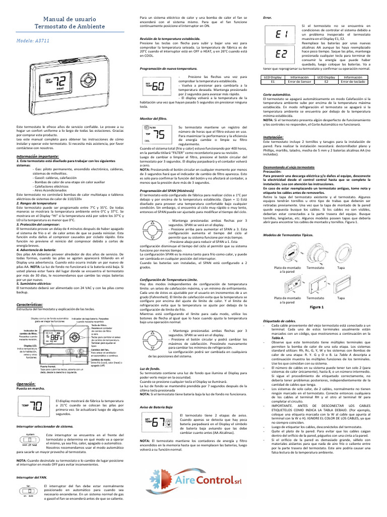 Manual de Usuario Termostato A3711 | PDF | Termostato | Cambiar
