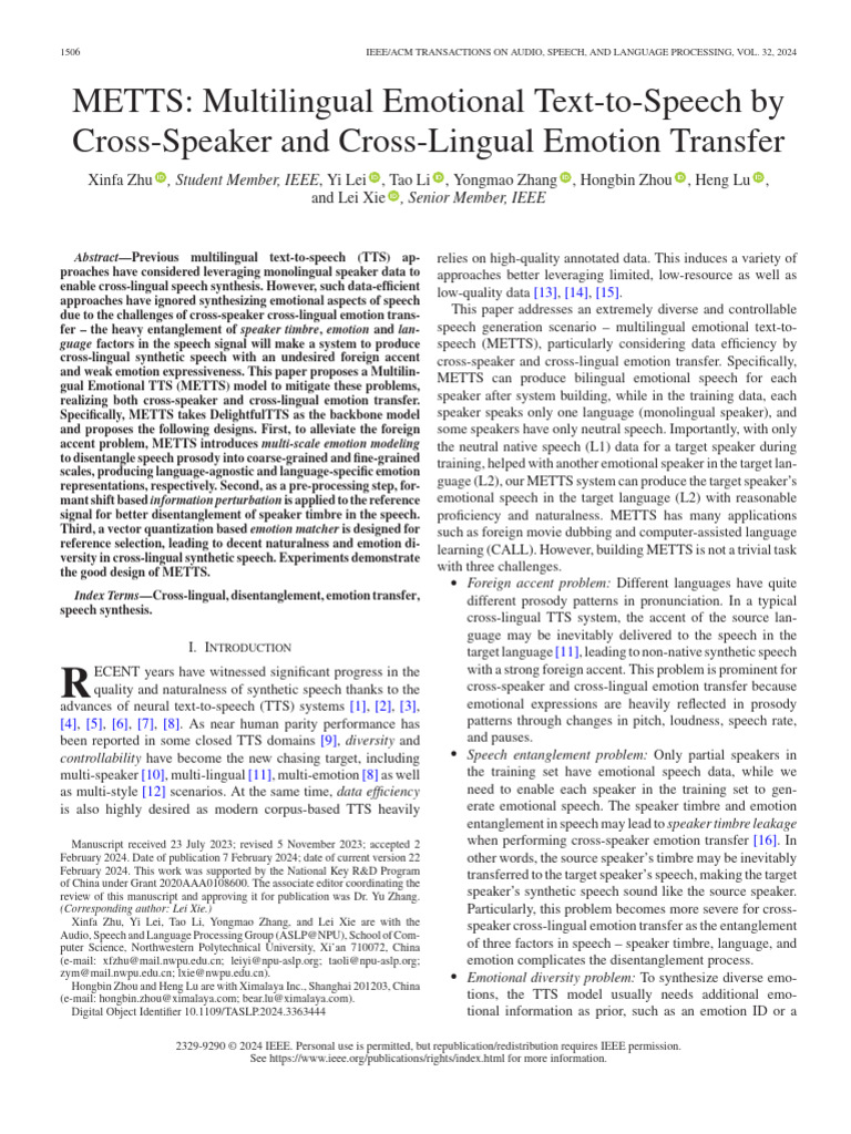 METTS Multilingual Emotional Text-To-Speech by Cross-Speaker and Cross-Lingual Emotion Transfer ...