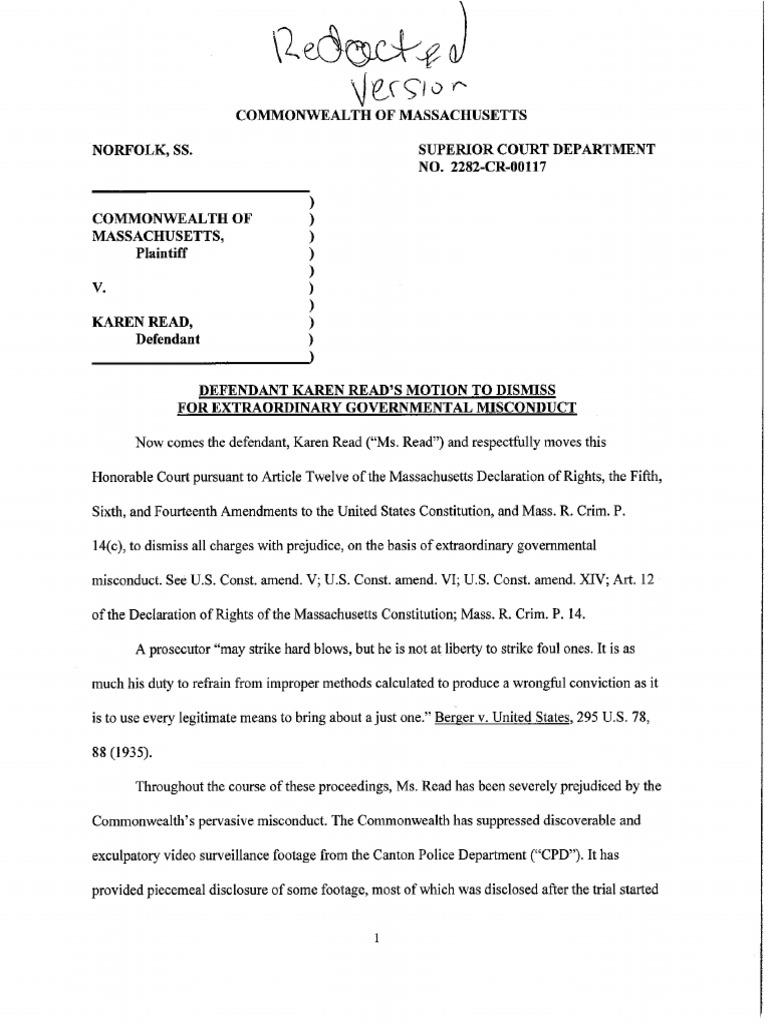 Karen Read Motion To Dismiss - Redacted | PDF