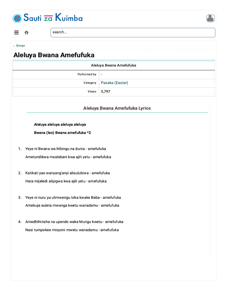 Aleluya Bwana Amefufuka - Sauti Za Kuimba | PDF
