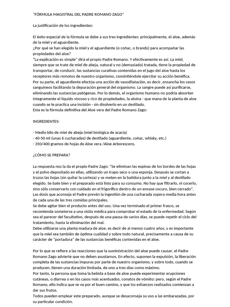 Aloe - Miel - Wisky - Fórmula Magistral Del Padre Romano Zago | PDF | Miel