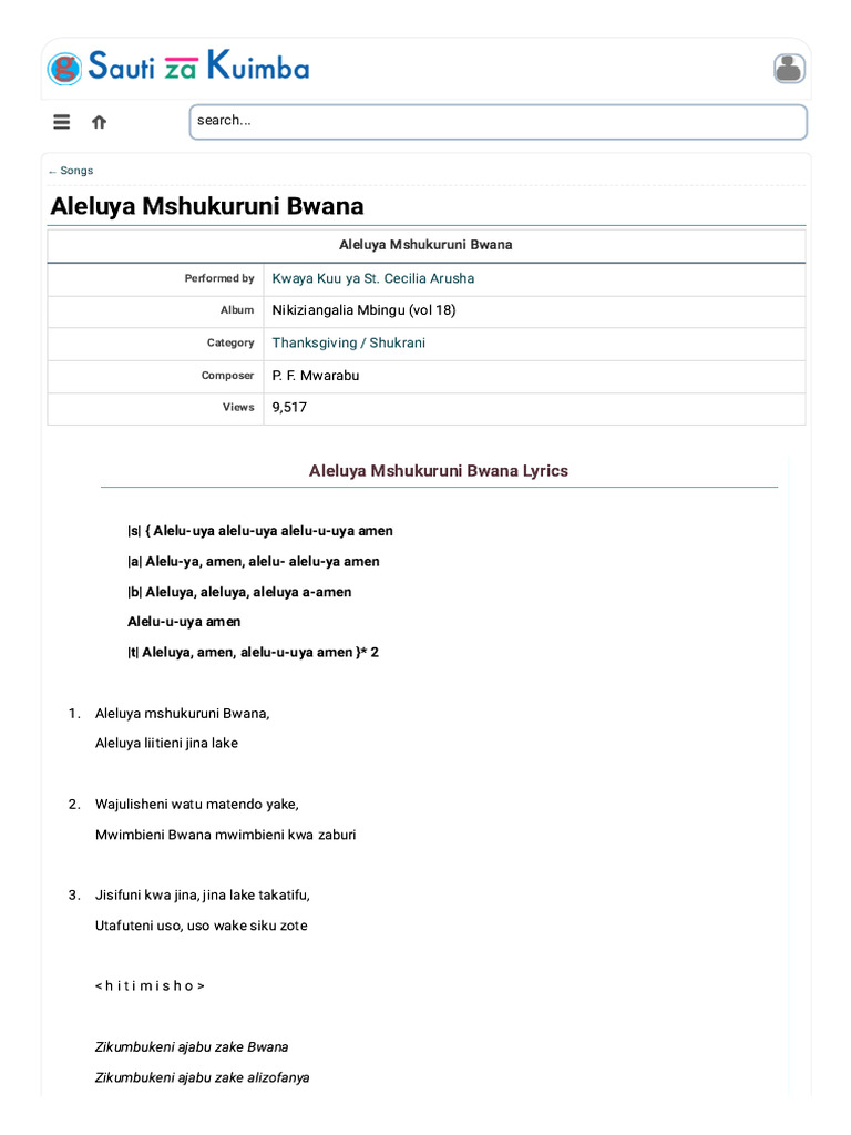 Aleluya Mshukuruni Bwana - Sauti Za Kuimba | PDF