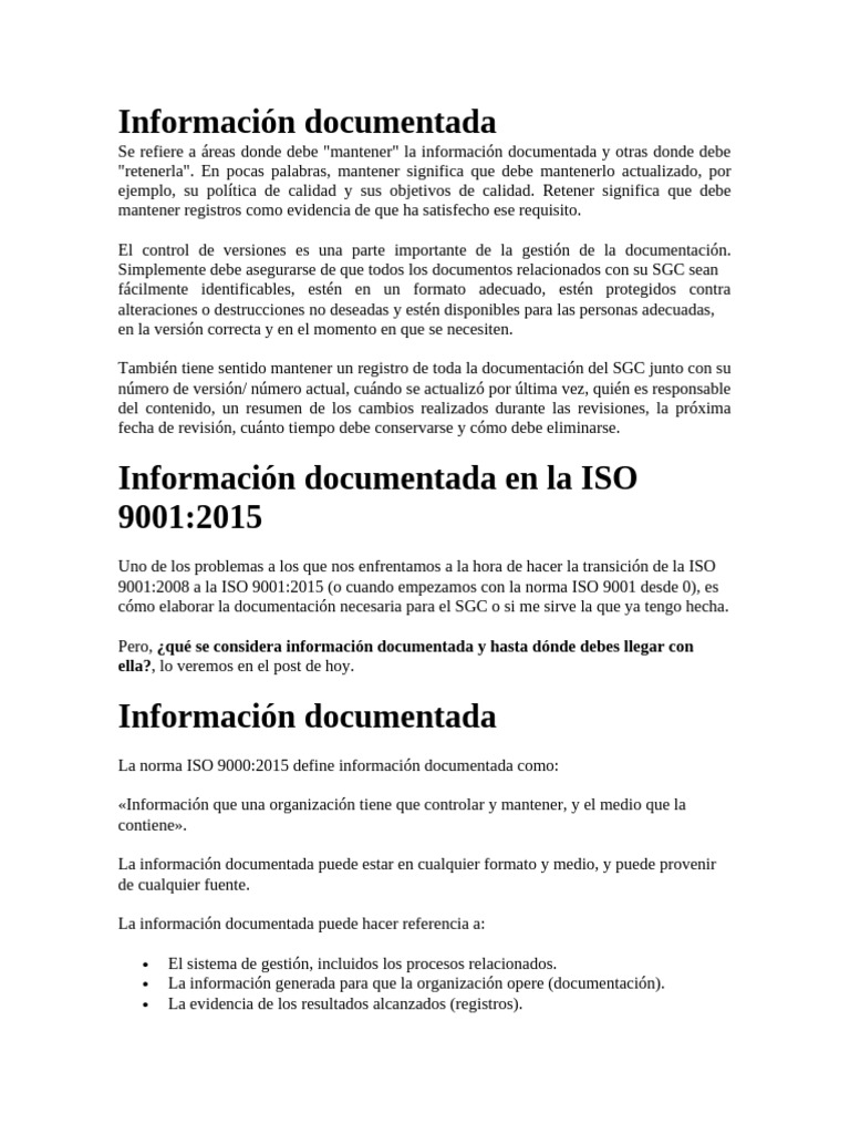 NORMA ISO 9001 2015 Información Documentada | PDF | Información ...