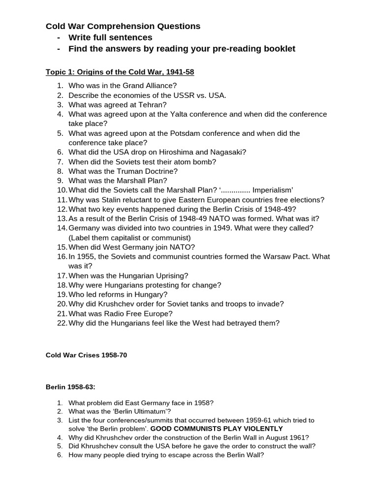 Cold War Comprehension Questions | PDF | Cold War | Cuban Missile Crisis