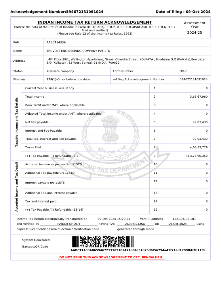 Income Tax Return Acknowledgement 2024 | PDF | Taxes | Money