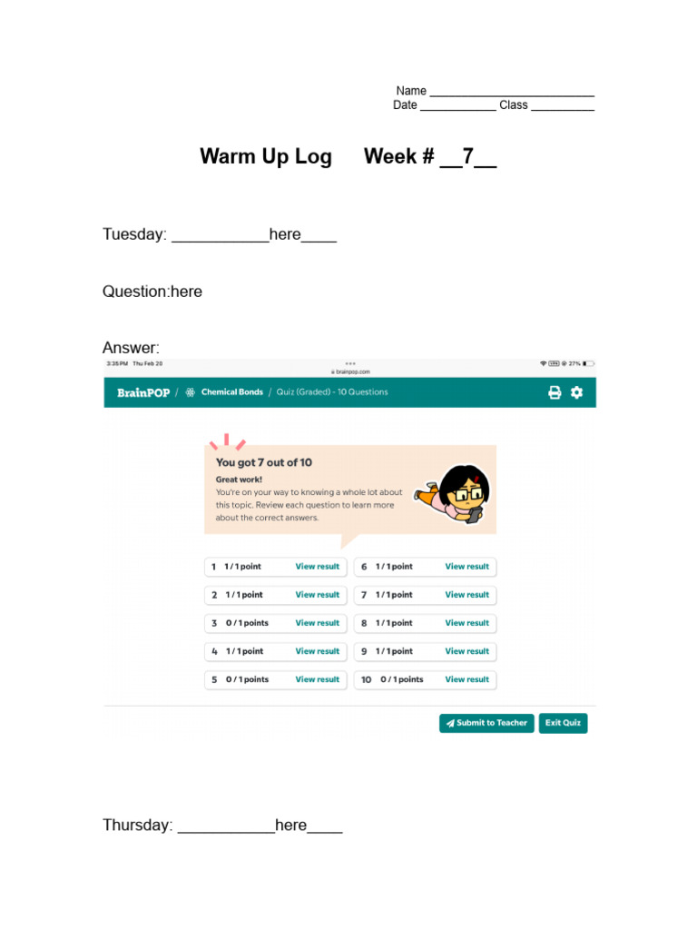 Weekly Warm-Up Log Template | PDF