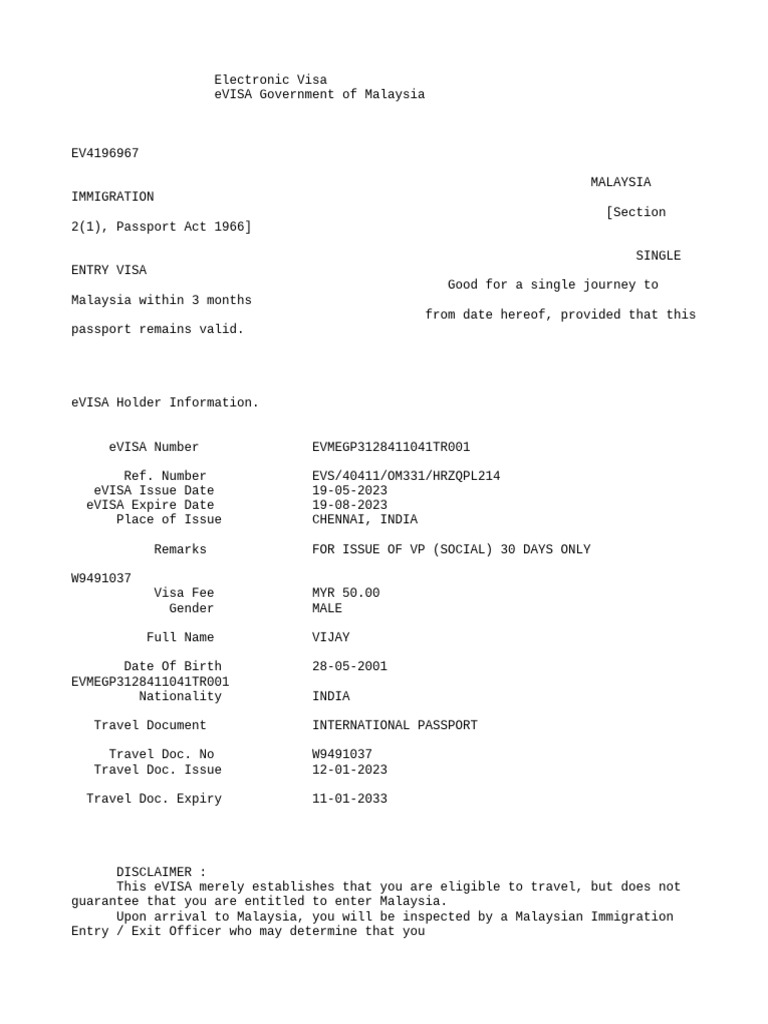 Malaysia eVISA Certificate VIJAY | PDF