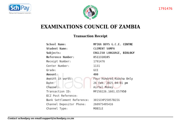 Examinations Council of Zambia: Transaction Receipt | PDF