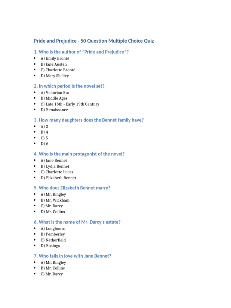 Pride and Prejudice Quiz Complete Final | PDF | Pride And Prejudice ...