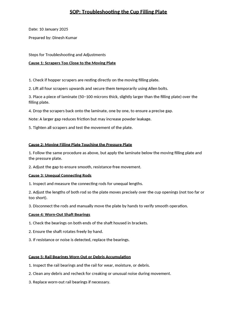 SOP For Adjusting The Cup Filler Plate | PDF
