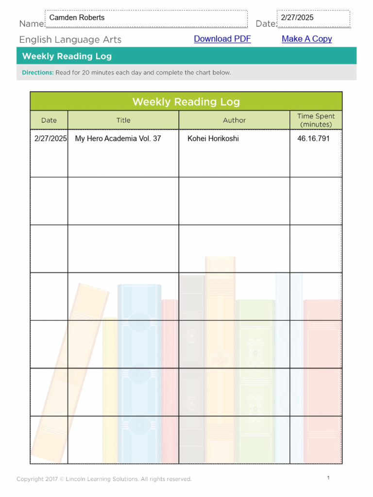 6-7 Weekly Reading Log | PDF