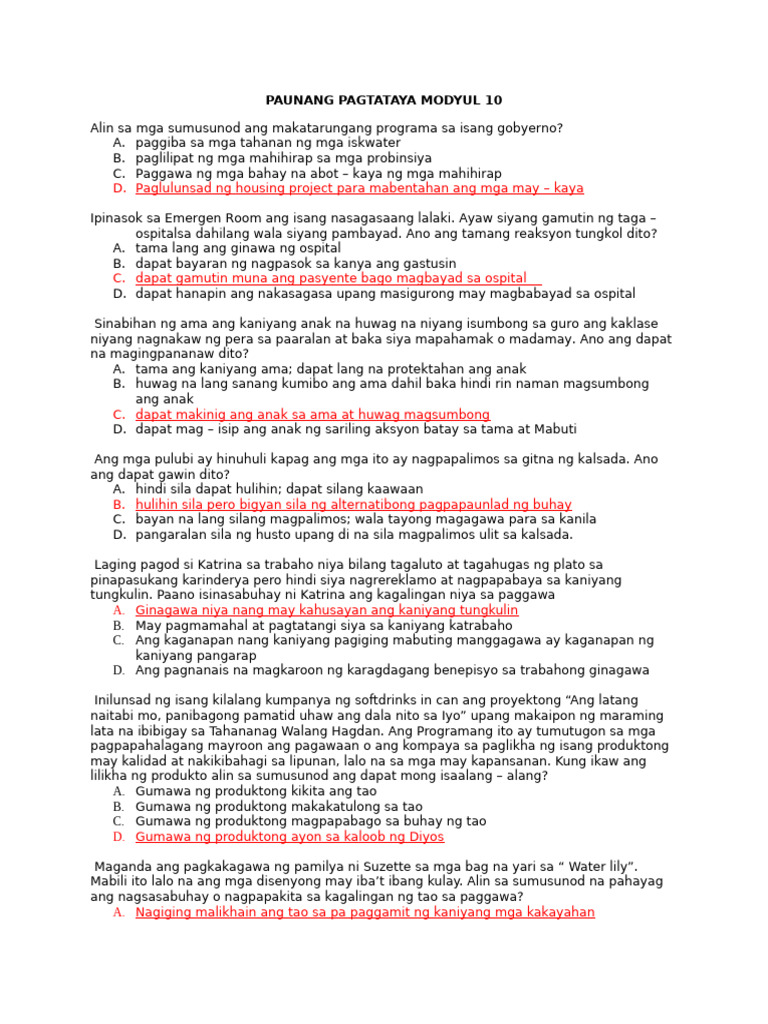 Paunang Pagtataya Modyul 10 | PDF