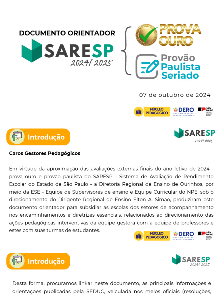 Documento Orientador - SARESP2024 | PDF | Pedagogia | Escolas