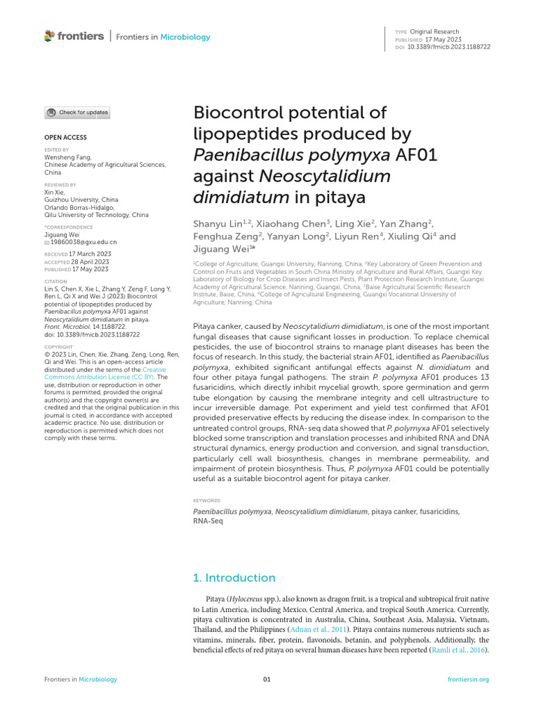 Biocontrol Potential of Lipopeptides Produced by Paenibacillus Polymyxa AF01 Against ...