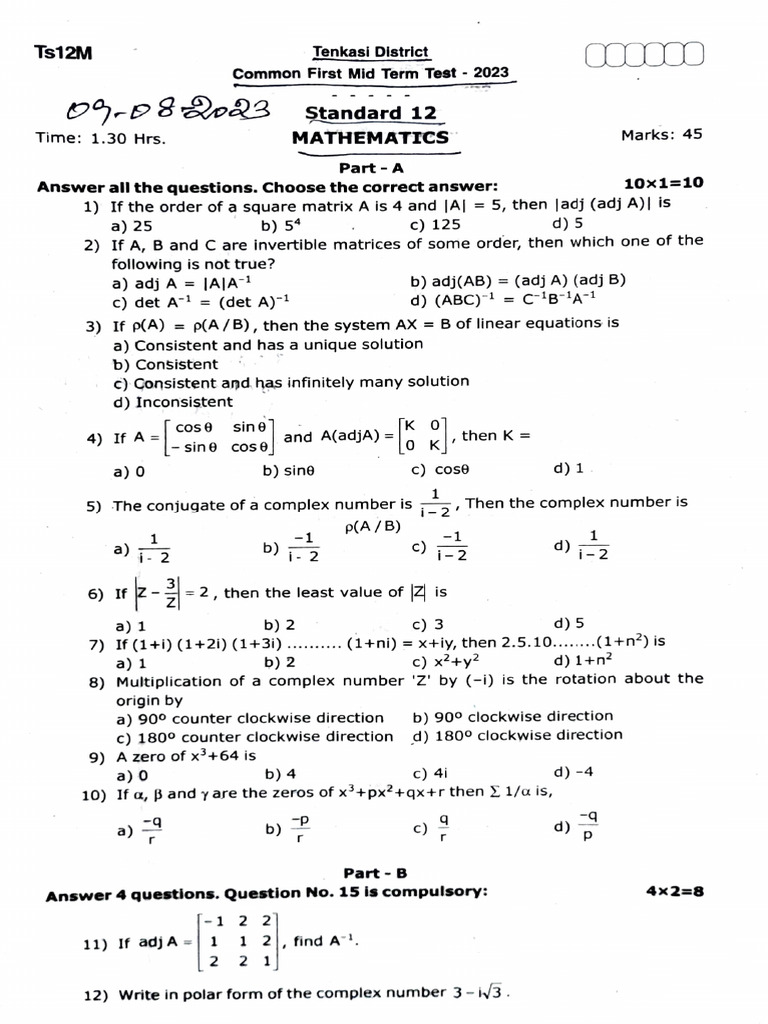 Class 12 Math Midterm Exam 2023 | PDF | Mathematical Physics | Mathematical Concepts
