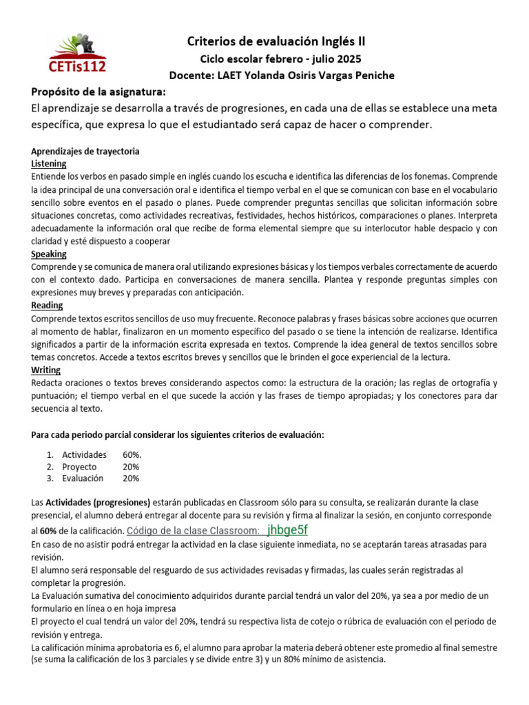 Criterios de Evaluaci-N Ingles II 2025 | PDF | Verbo | Lingüística