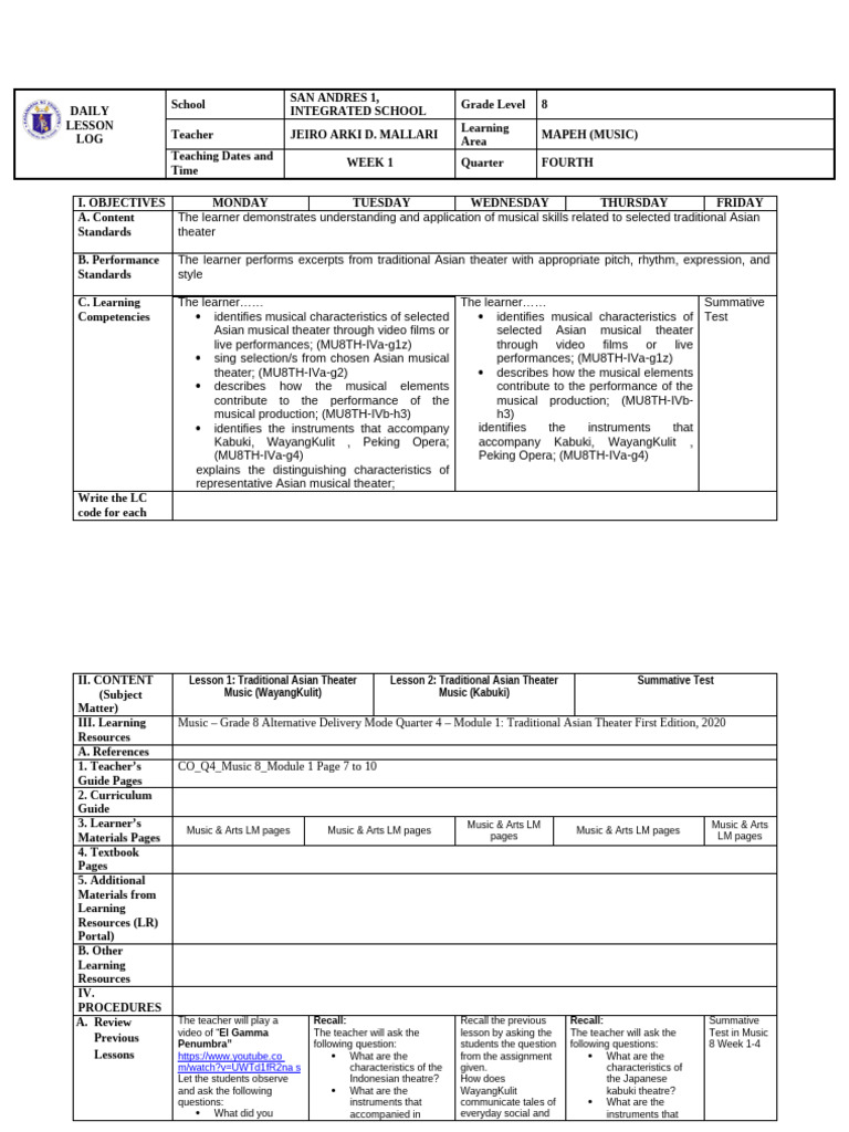 G8 DLL Q. 4 Week 1 Music | PDF | Theatre | Musicology