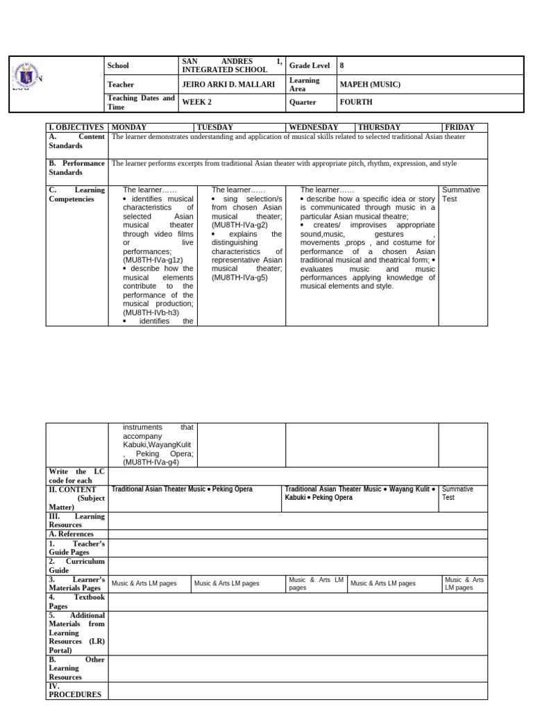 G8 DLL Q. 4 Week 2 Music | PDF | Theatre | Learning