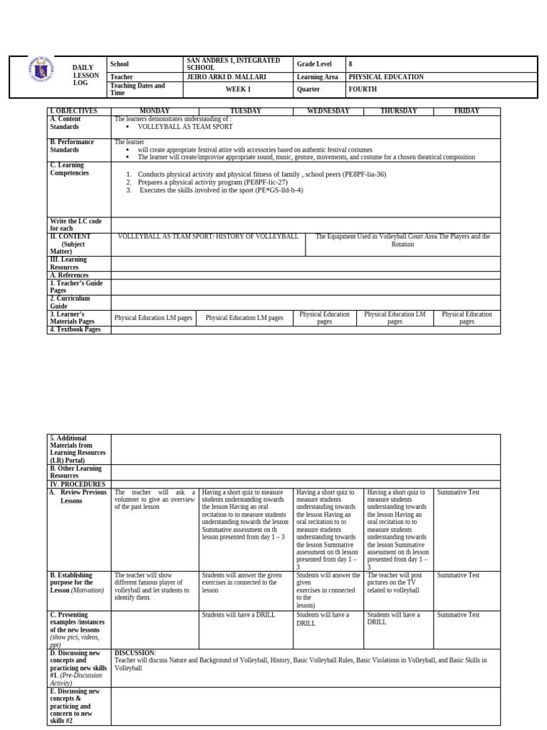 g8 Dll q. 4 Week 1 Pe | PDF | Physical Education | Intelligence