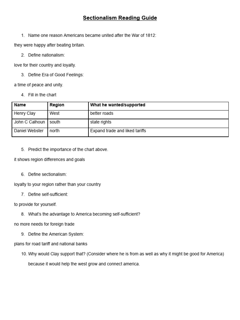 Sectionalism Reading Guide | PDF