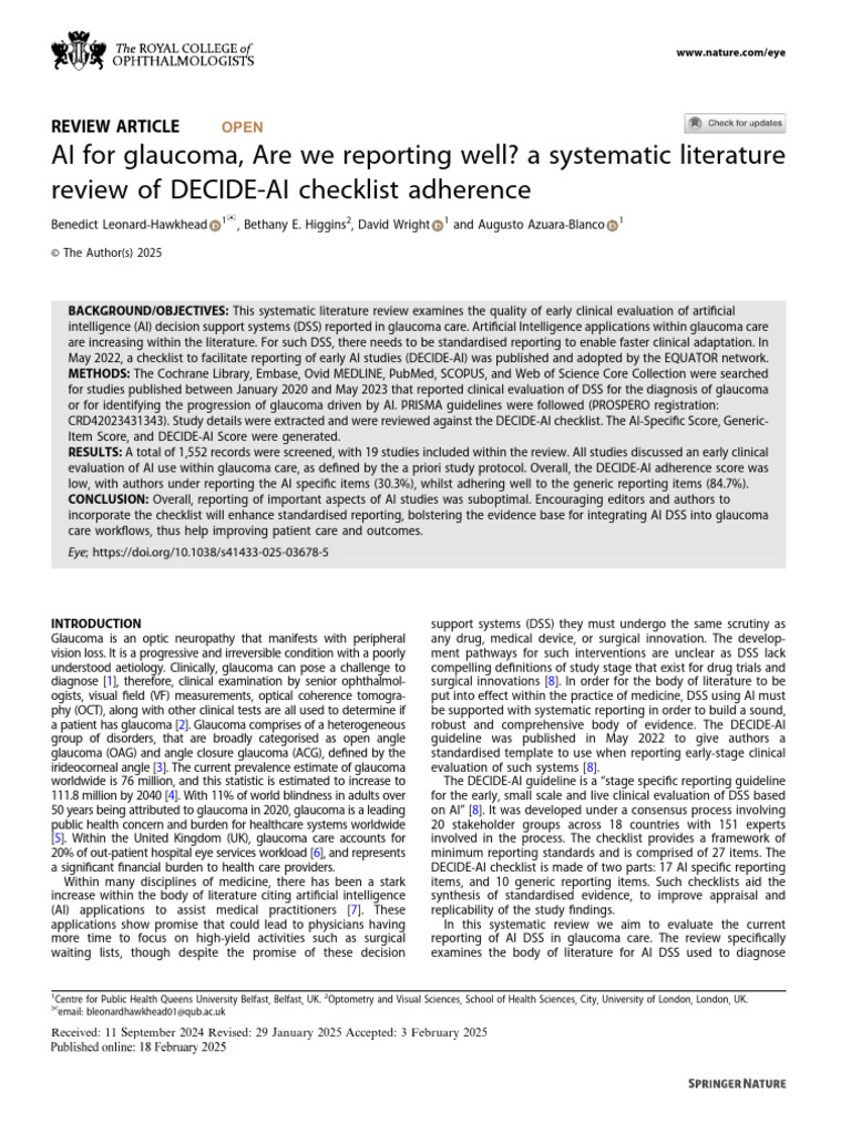 AI For Glaucoma Are We Reporting Well A Systematic | PDF | Systematic Review | Artificial ...