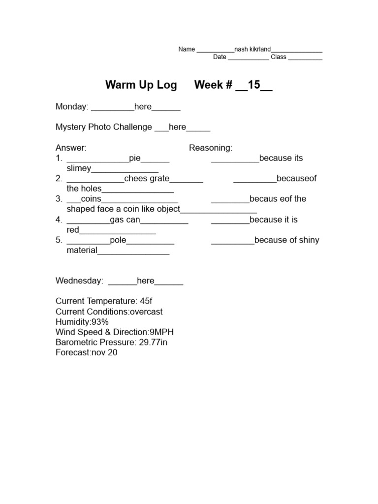Week 15 Warm-Up Log and Weather Data | PDF