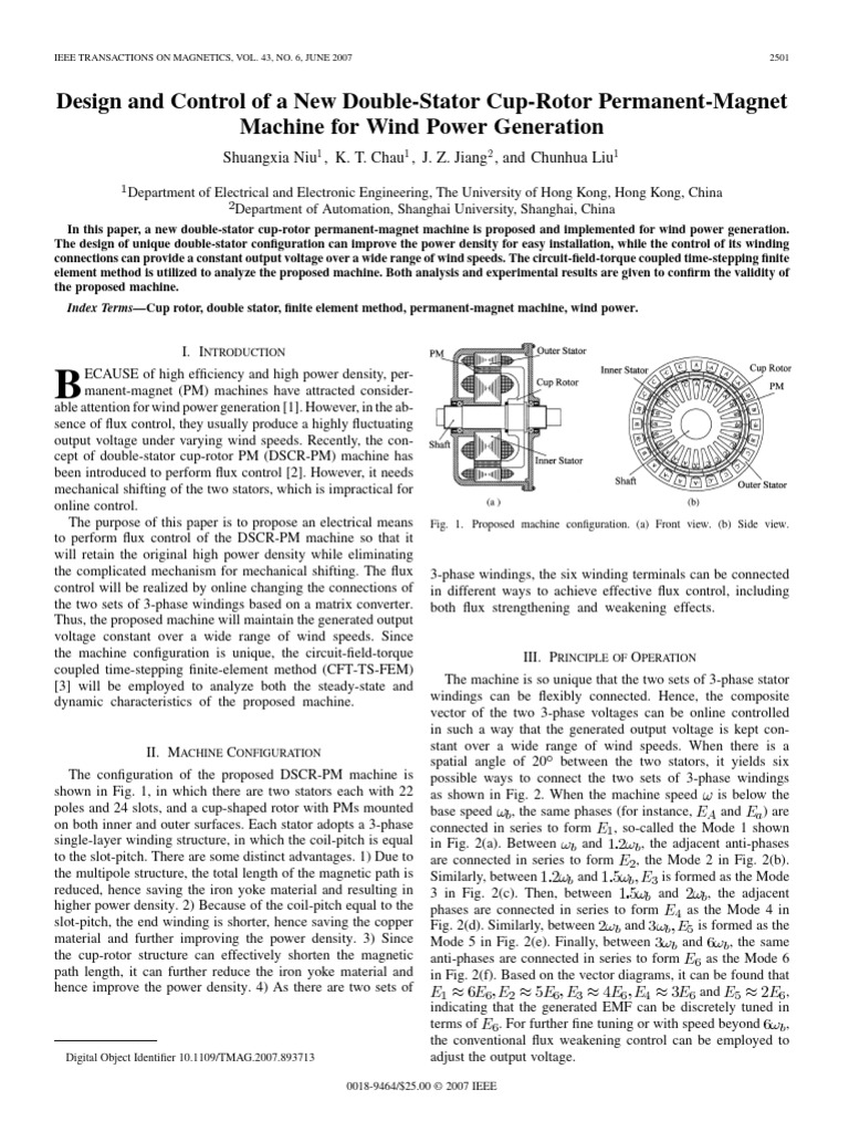 Design And Control Of A New Double Stator Cup Rotor Permanent Magnet Machine For Wind Power