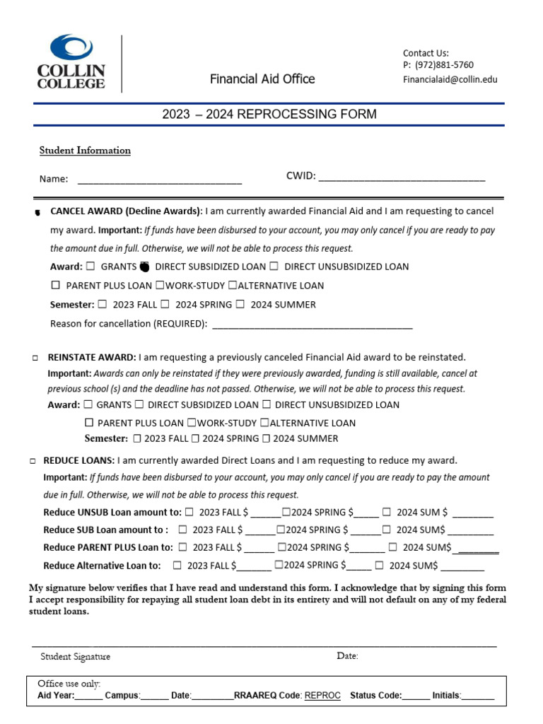 2324 Reprocessing Form | PDF | Student Financial Aid In The United ...