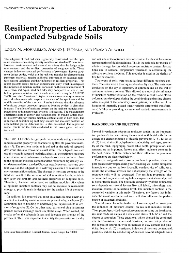 Resilient Properties of Laboratory Compacted Subgrade Soils | PDF | Young's Modulus | Soil