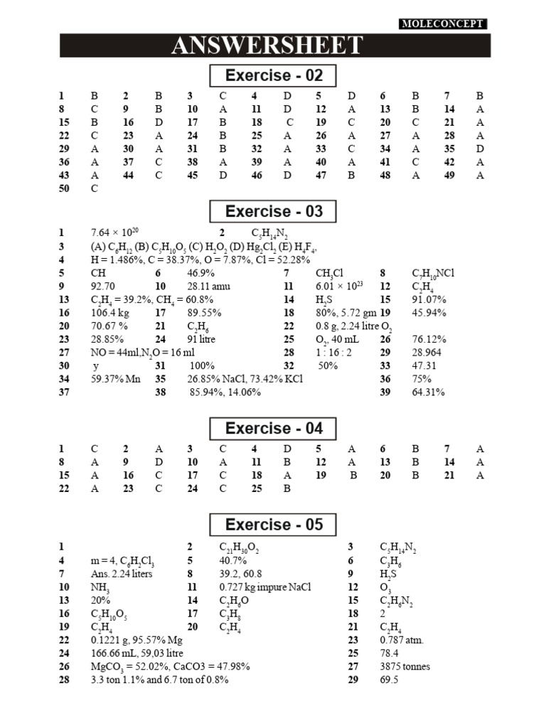 Mole Concept Exercise Answer Sheet | PDF | Metrology | Chemistry