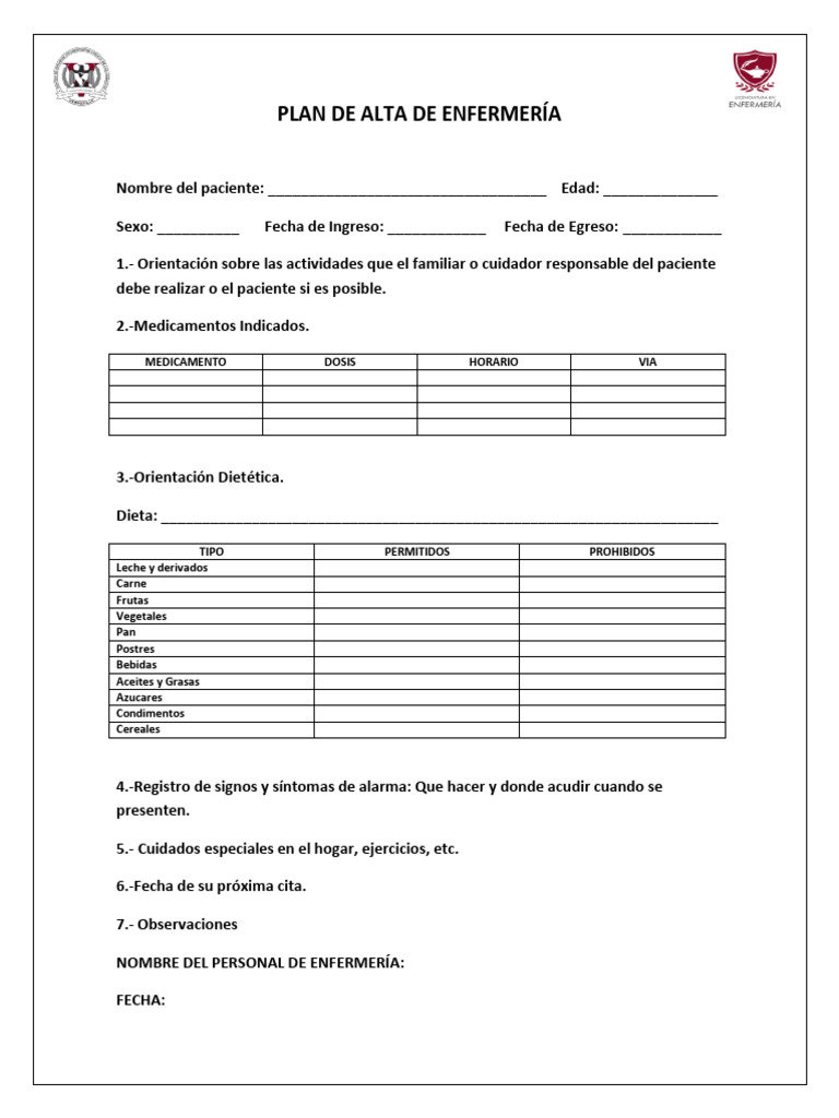 Formato Plan de Alta de Enfermeria | PDF