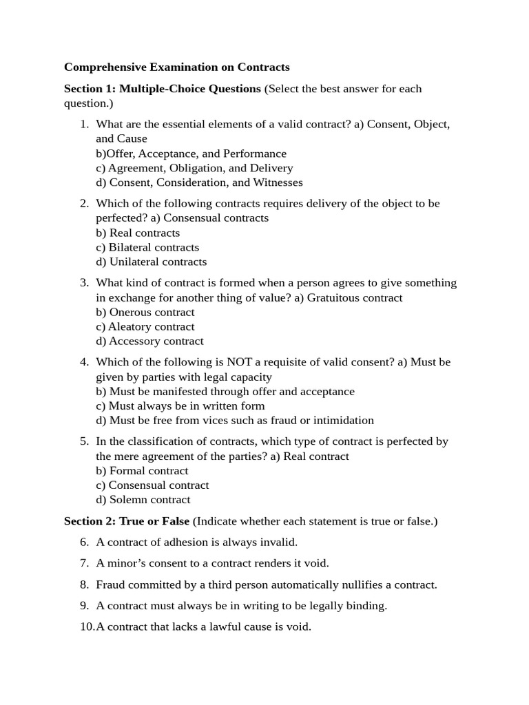 Contract Law Exam: Questions & Essays | PDF | Consent | Consideration