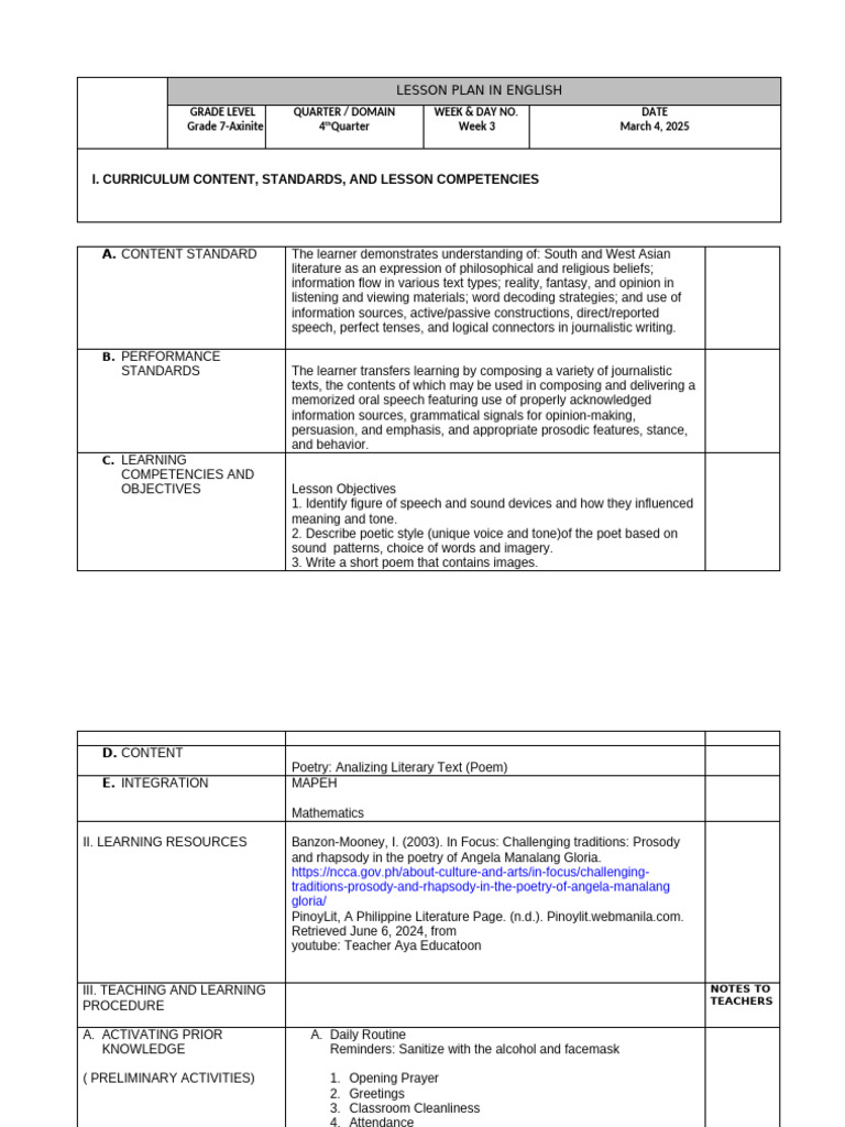 2-Lesson Plan in English 8 | PDF | Poetry | Learning