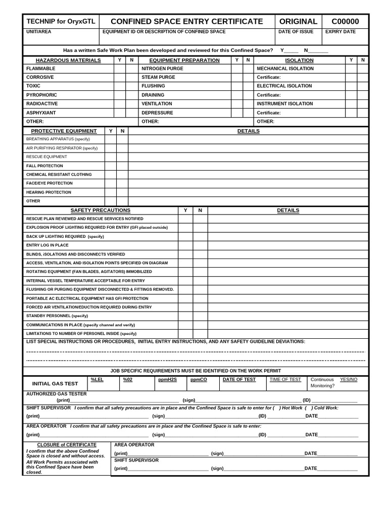 Confined Space Entry Certificate Template | PDF | Workplace | Working ...