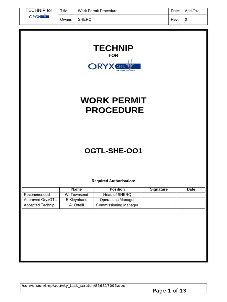 OGTL-SHE-001 Work Permit Procedure | PDF | Safety | Audit
