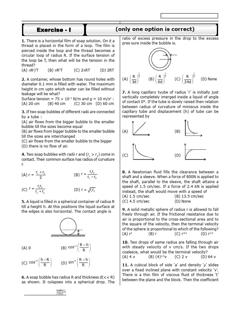 Surface Tension and Viscosity Exercise 1 Sheet | PDF | Surface Tension | Viscosity