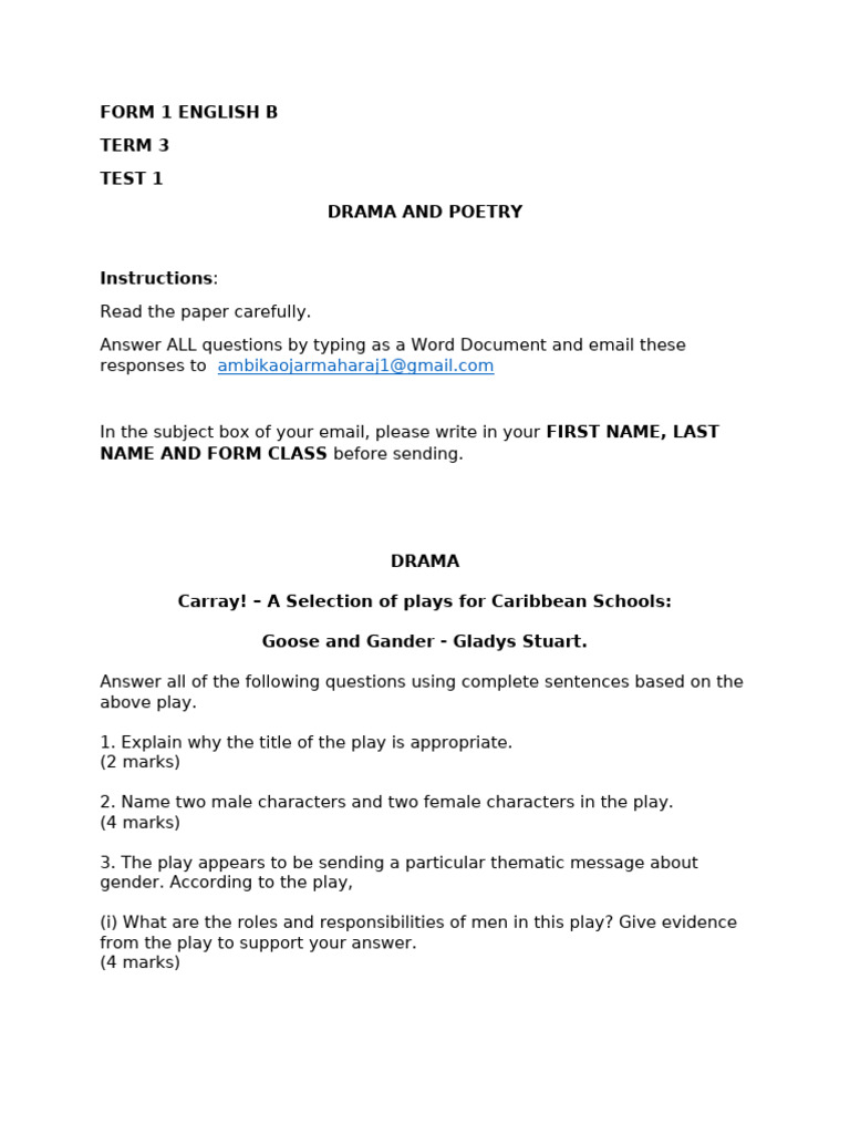 Drama and Poetry Test Instructions | PDF | Poetry