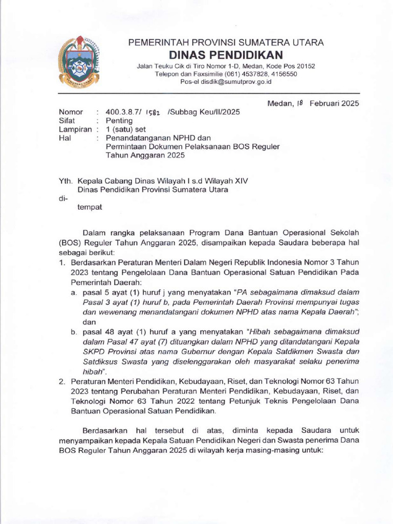 Surat Penandatanganan NPHD Dan Permintaan Berkas BOS 2025 | PDF