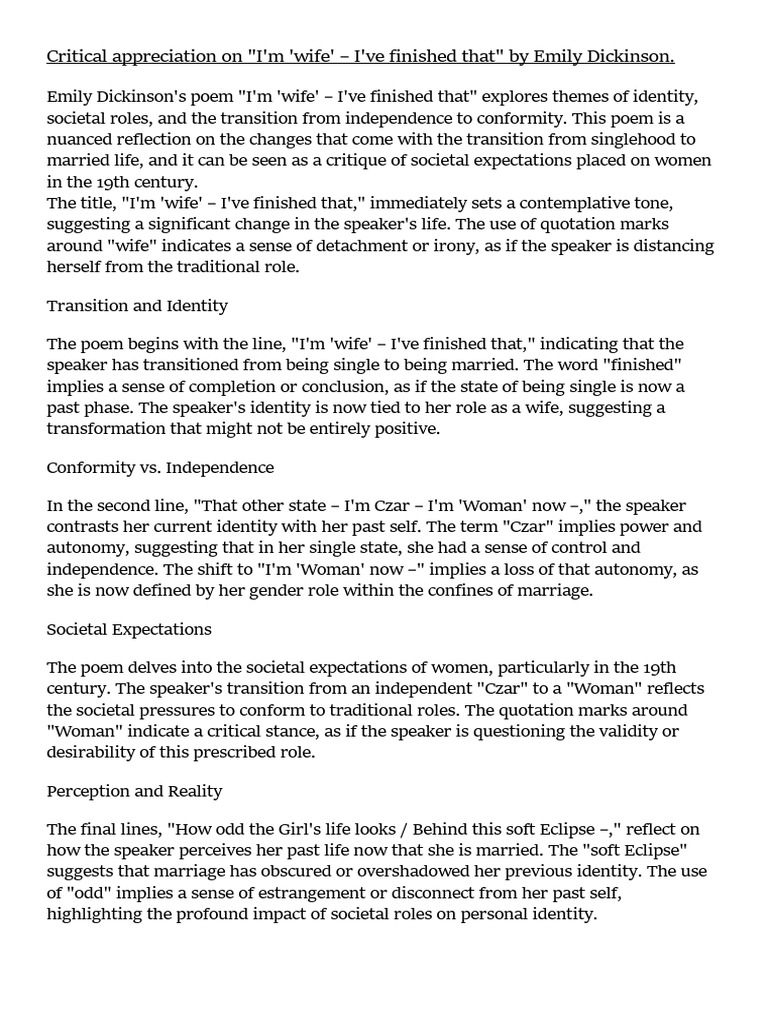 Critical Appreciation On I'm Wife - I'Ve Finished That | PDF | Identity ...