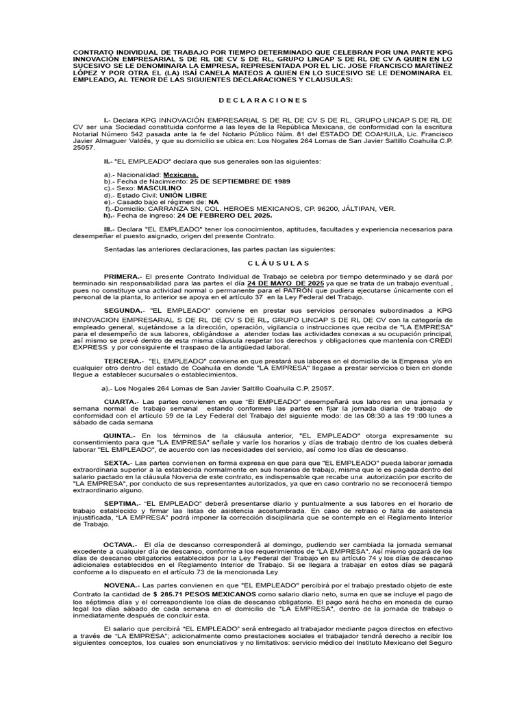 Contrato Determinado KPG y Grupo Lincap | PDF | Salario | Cheque