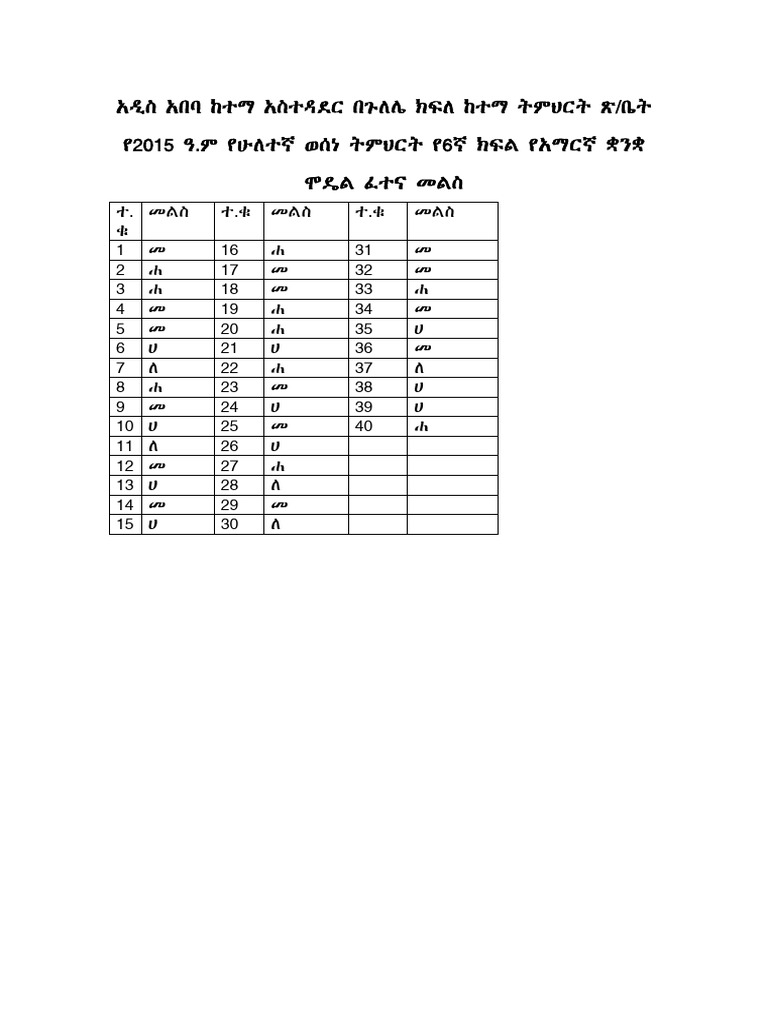 6 Amharic Answer Key Kolfe | PDF