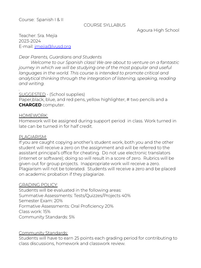 Spanish I & II Course Syllabus 2023-24 | PDF | Plagiarism | Educational ...