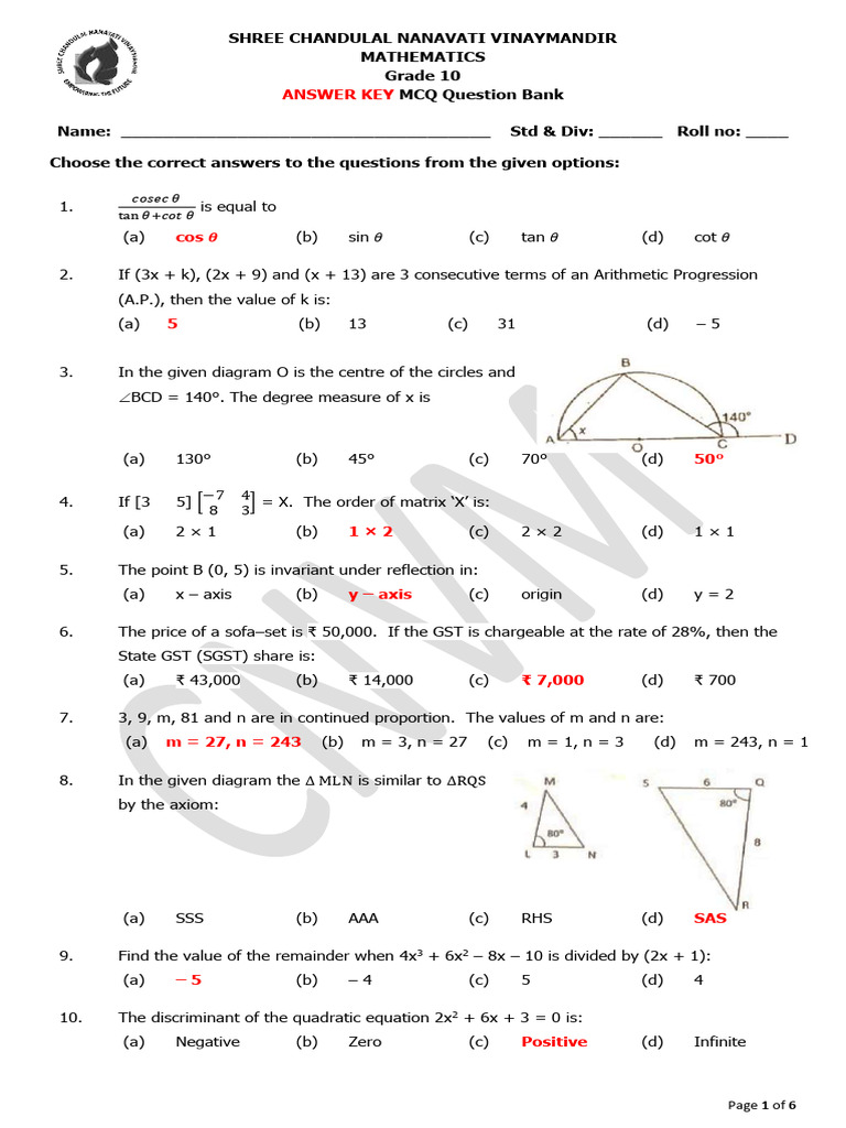 Grade 10 Mathematics MCQ Answer Key | PDF | Mathematical Objects ...