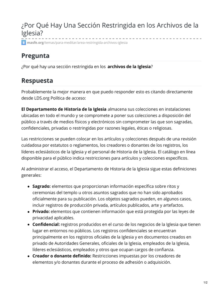 Por Qué Hay Una Sección Restringida en Los Archivos de La Iglesia | PDF ...