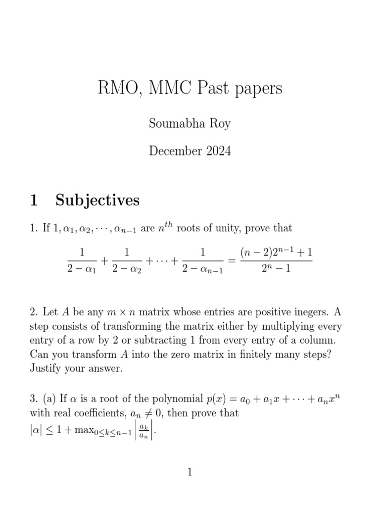 RMO, MMC Past Papers: 1 Subjectives | PDF